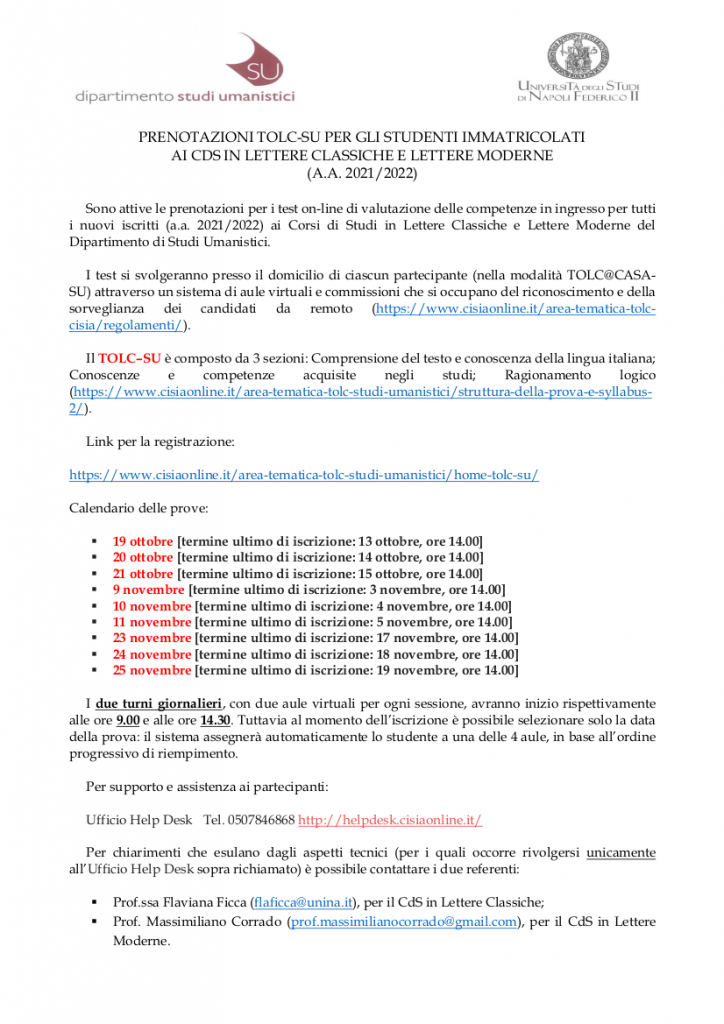 PRENOTAZIONI TOLC-SU (CDS IN LETTERE CLASSICHE E LETTERE MODERNE) – Studi Umanistici